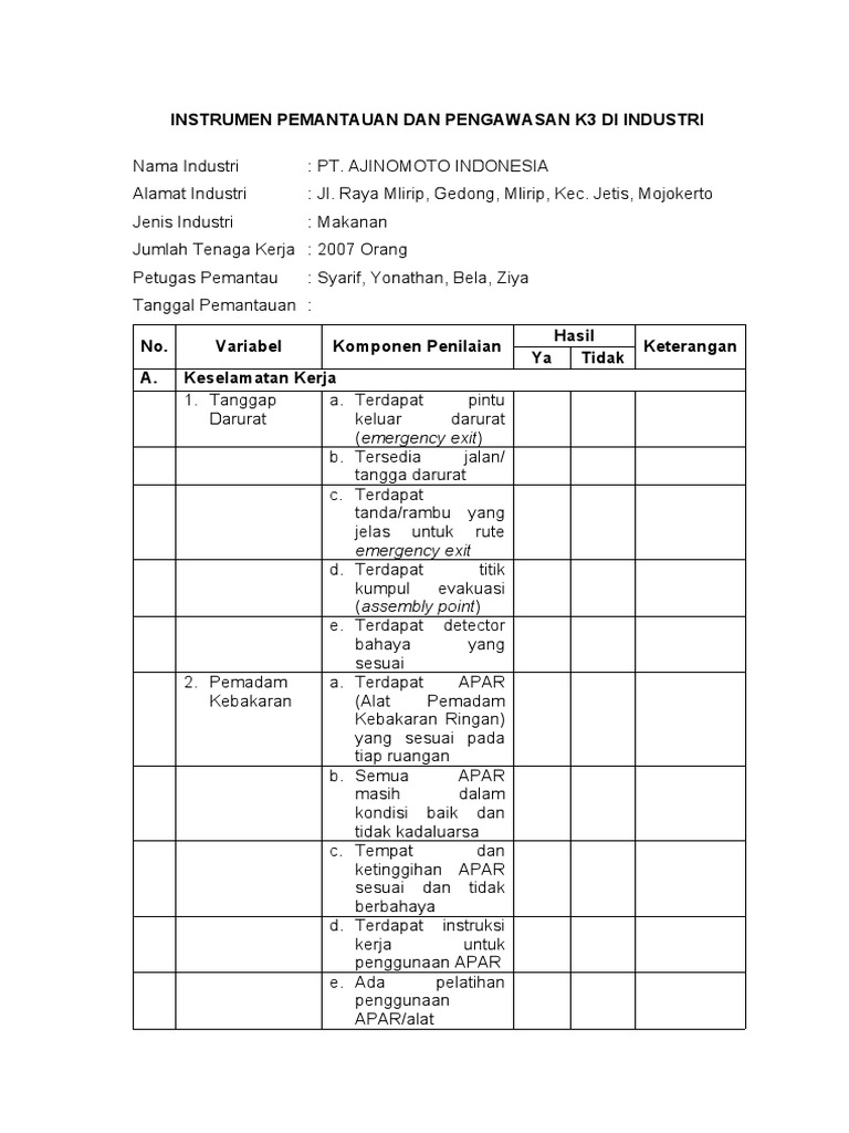 Instrumen Pemantauan Dan Pengawasan K3 Di Industri | PDF