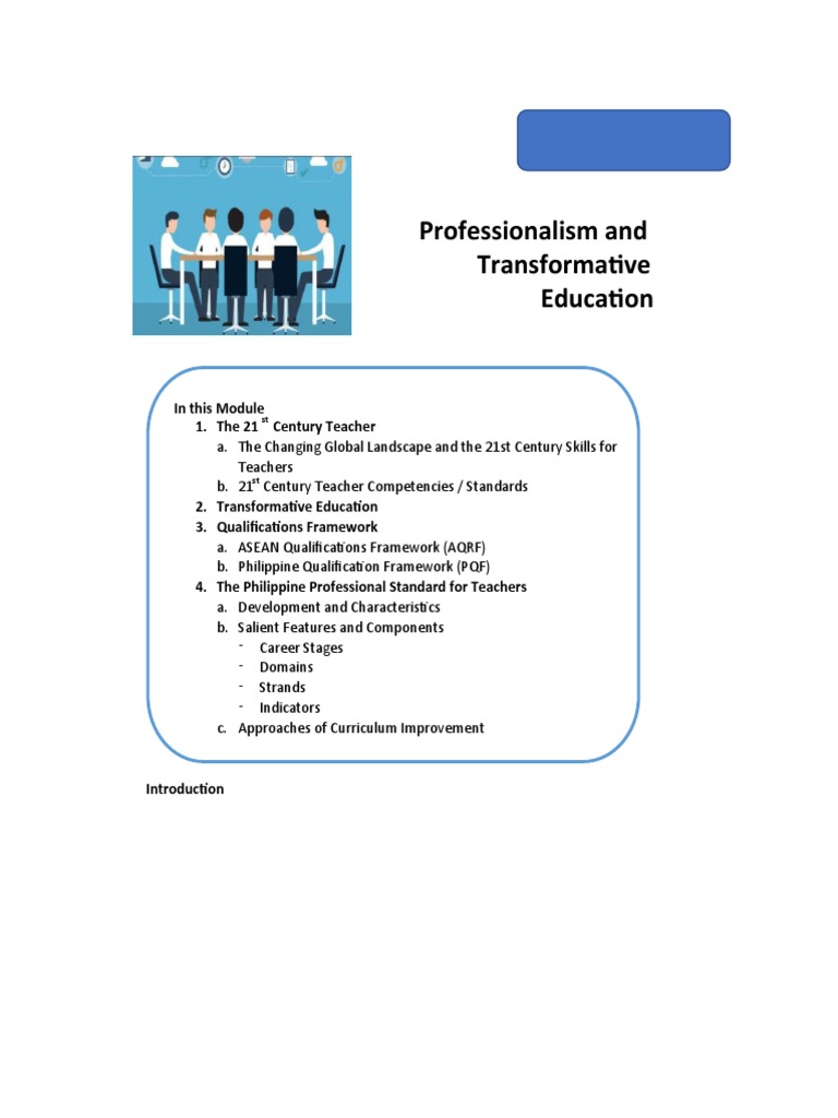 Professionalism and Transformative Education: in This Module 1. The 21 Century Teacher | PDF ...