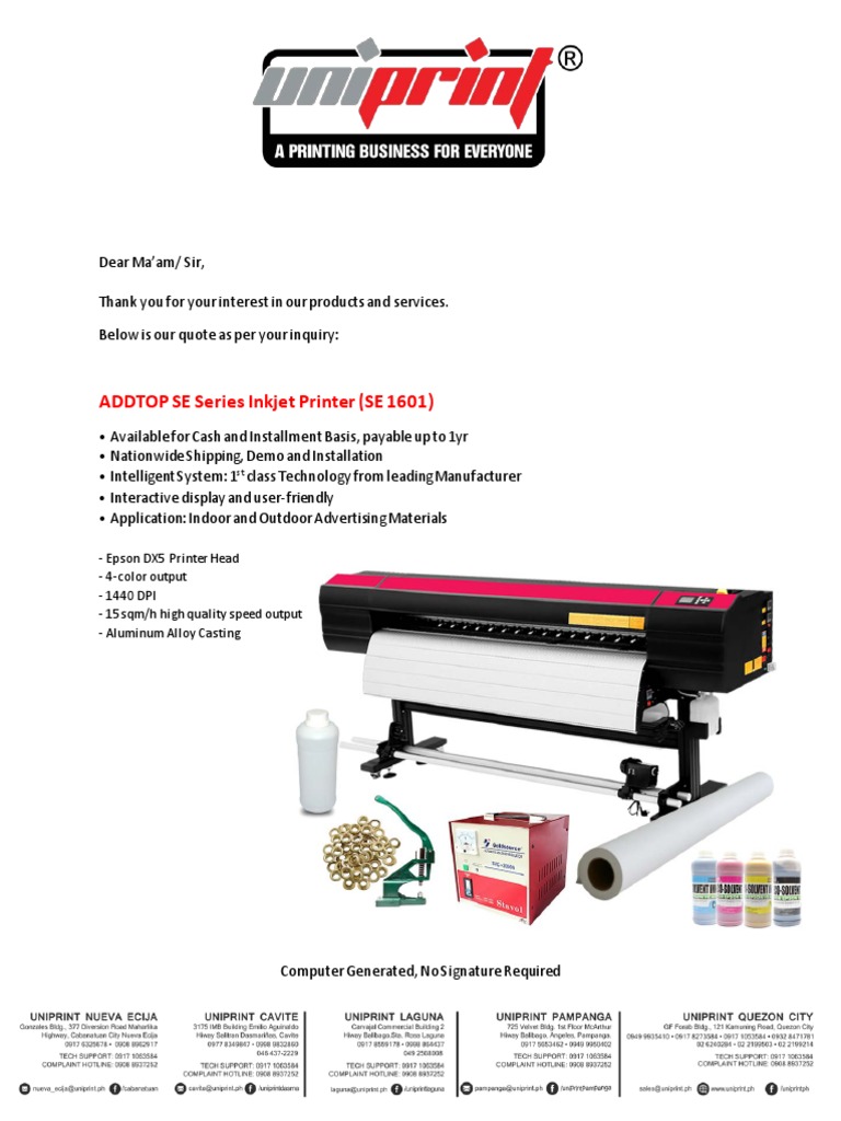 Proposal for the Purchase of an Addtop SE 1601 Inkjet Printer Through a Payment Installment Plan ...