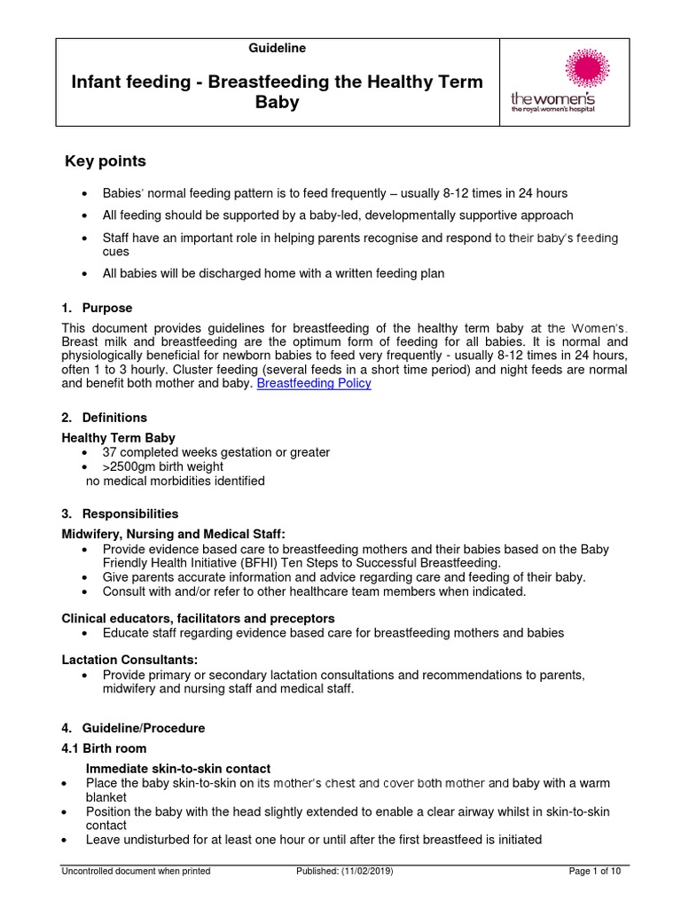 Infant Feeding Breastfeeding The Healthy Term Baby 110219 Pdf Pdf