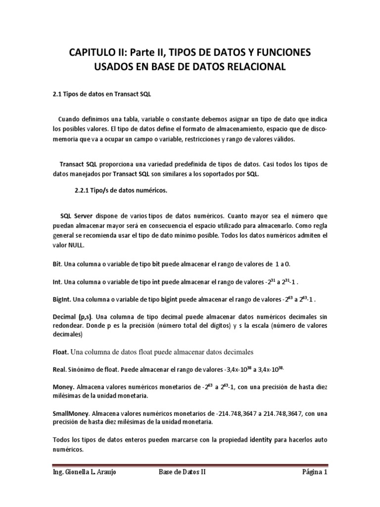 Capitulo II Parte II Base de Datos II | PDF | SQL | Tipo de datos