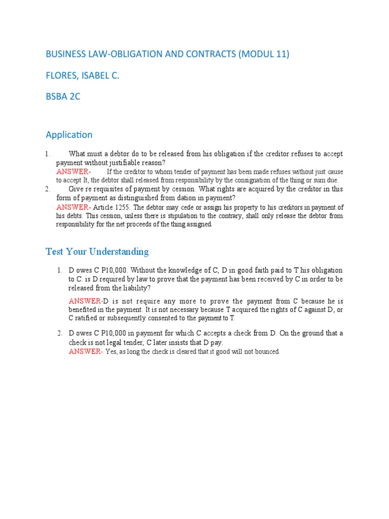 Business Law-Obligation and Contracts (Modul 11) Flores, Isabel C. Bsba 2C | PDF | Law