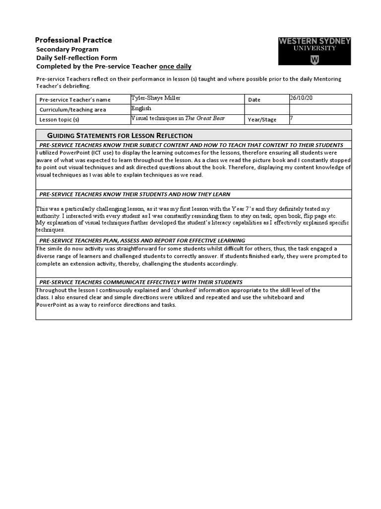 Professional Practice Reflection | Download Free PDF | Classroom ...