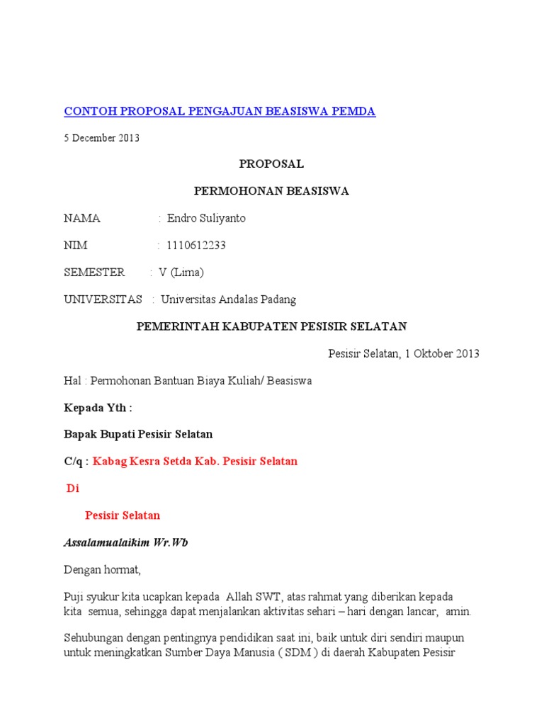 Contoh Proposal Pengajuan Beasiswa Pemda | PDF