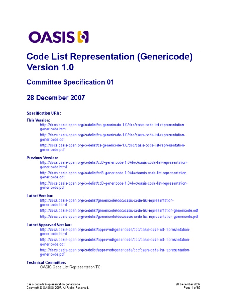 Oasis Code List Representation Genericode PDF | PDF | Xml Schema | Xml