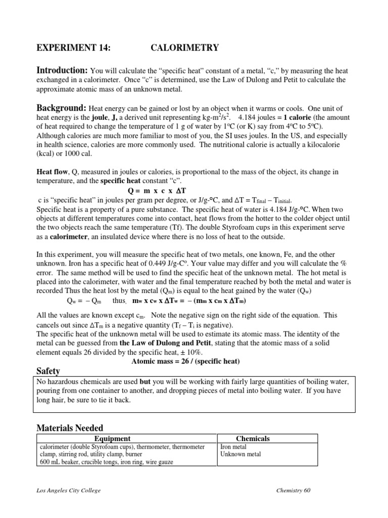 Experiment 14: Calorimetry | PDF | Calorie | Continuum Mechanics