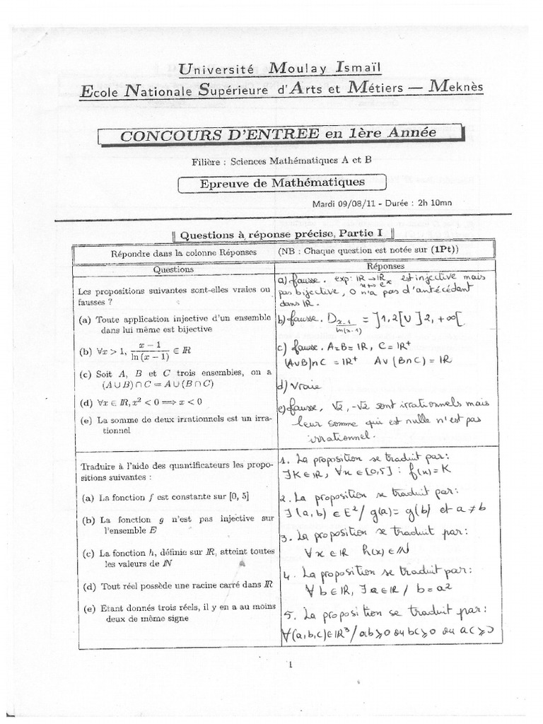 Concours D Entree Ensam 2011 Sciences Maths Maths Corrige | PDF