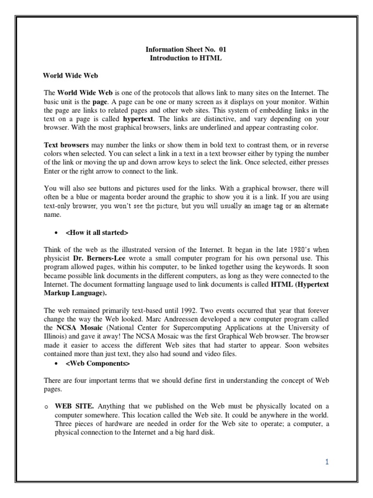 Information Sheet No. 01 Introduction To HTML World Wide Web | PDF ...