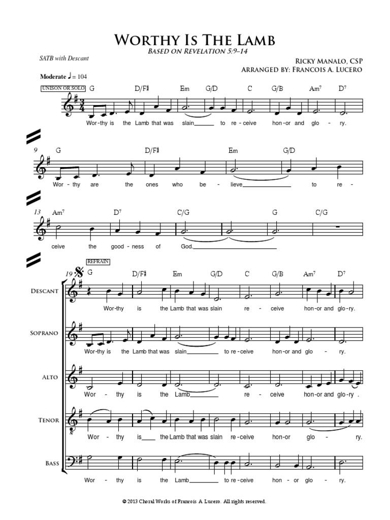 Worthy Is The Lamb Ricky Manalo CSP Arranged by Francois A. Lucero PDF | PDF | Entretenimiento ...