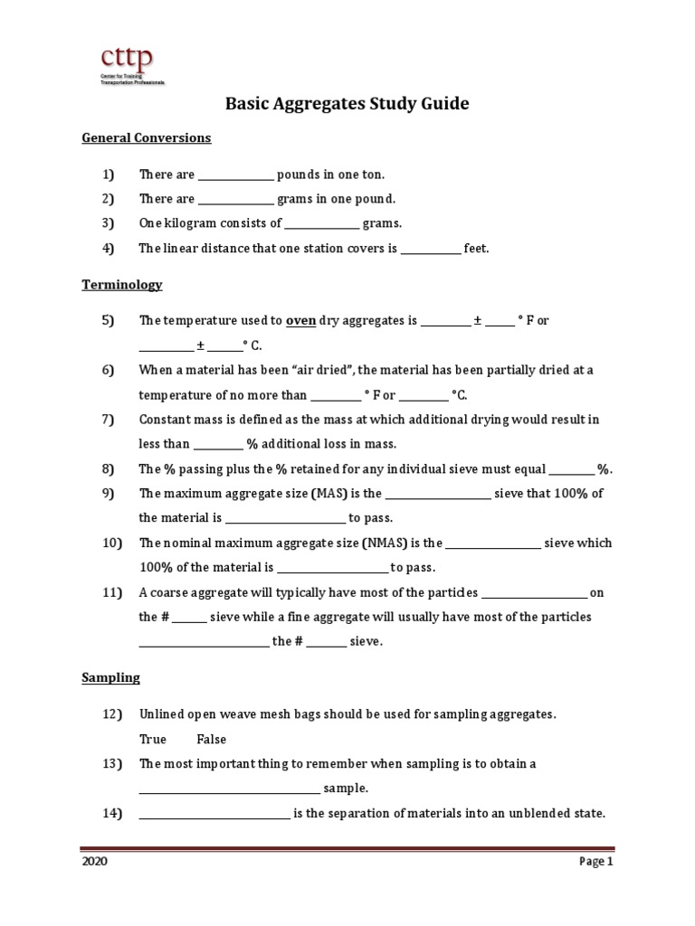 Basic Aggregates Study Guide | PDF | Weight | Materials