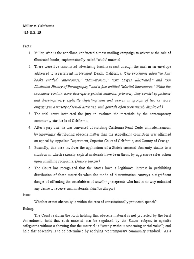 Miller Vs California Case Digest | PDF | Miller V. California | Supreme ...