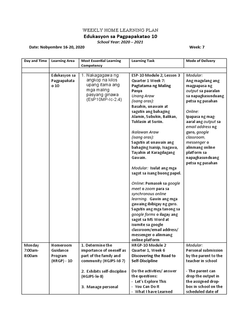 Weekly Home Learning Plan in EsP 10 (Week 7) | PDF