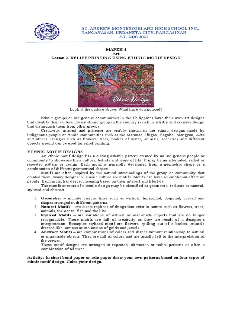Mapeh 4 Art Lesson 2. Relief Printing Using Ethnic Motif Design | PDF ...
