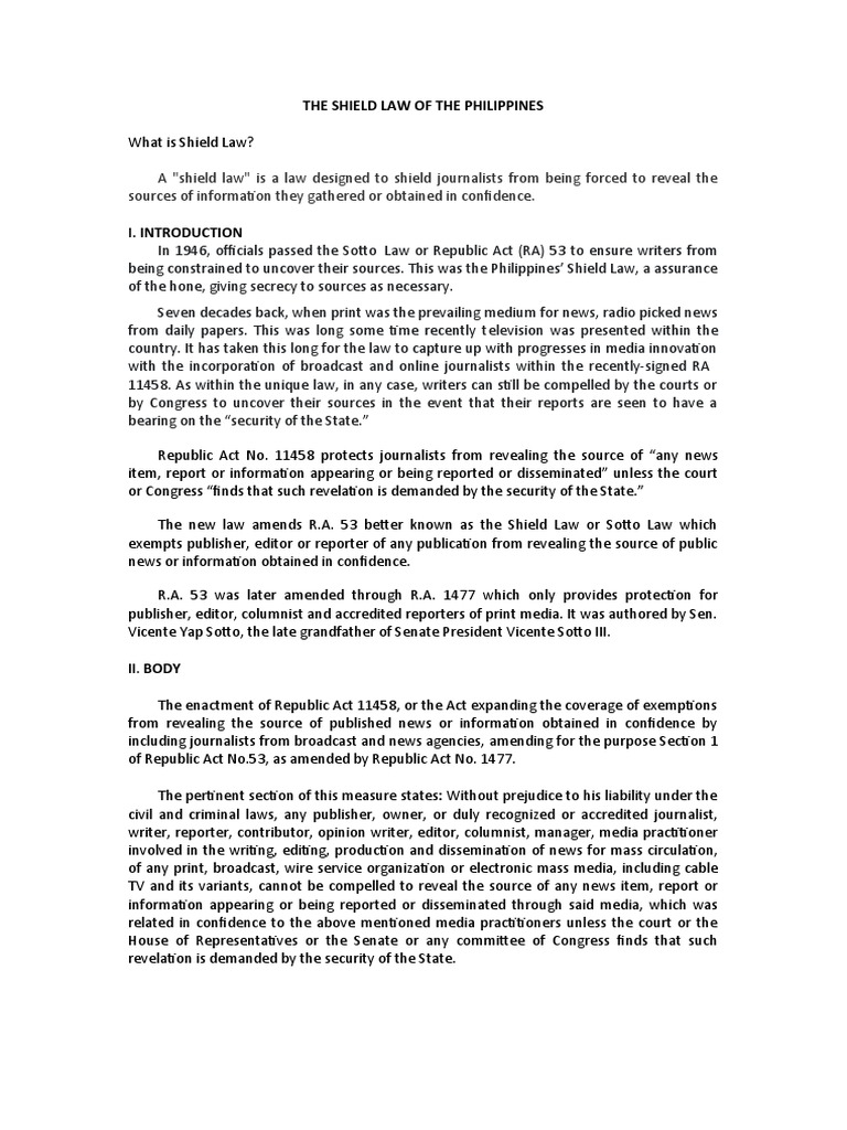 A "Shield Law" Is A Law Designed To Shield Journalists From Being ...