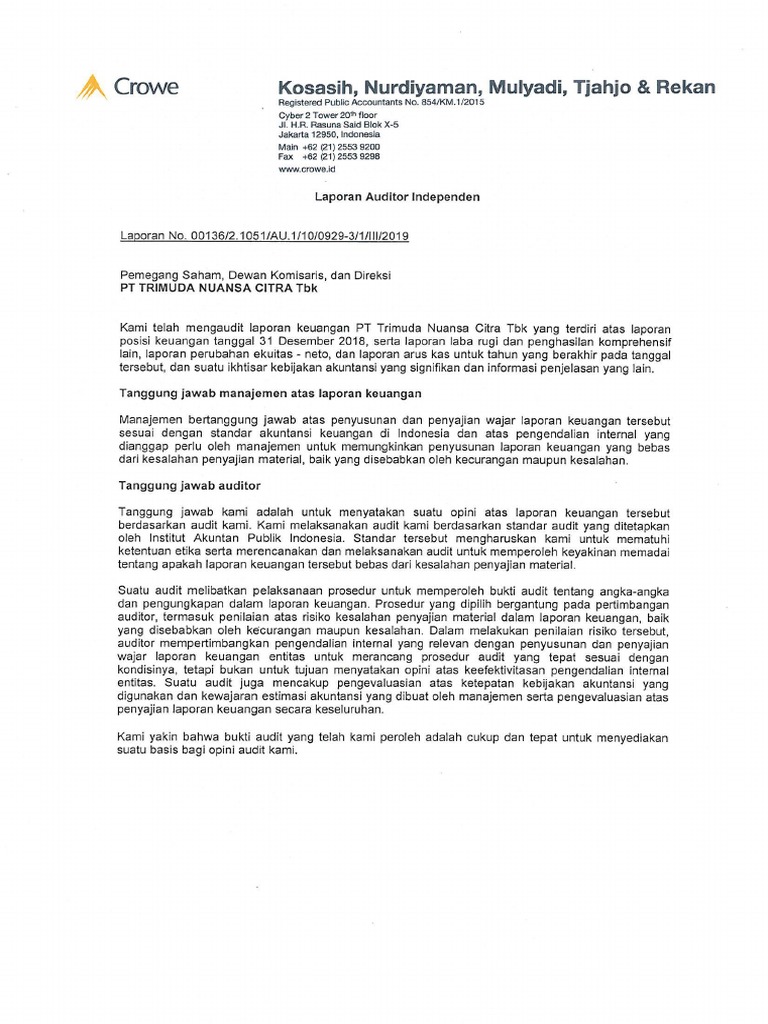 Laporan Audit PT TRIMUDA NUANSA CITRA PDF | PDF