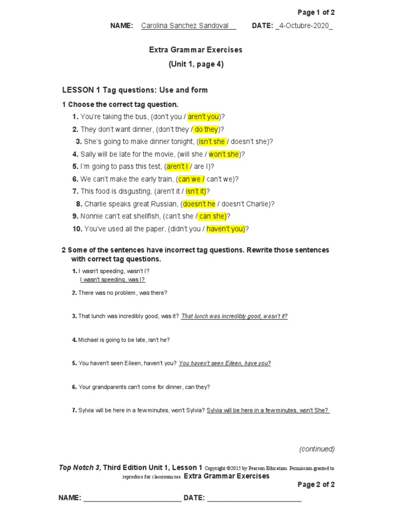 Extra Grammar Exercises (Unit 1, Page 4) : Top Notch 3, Third Edition Unit 1, Lesson 1 | PDF ...