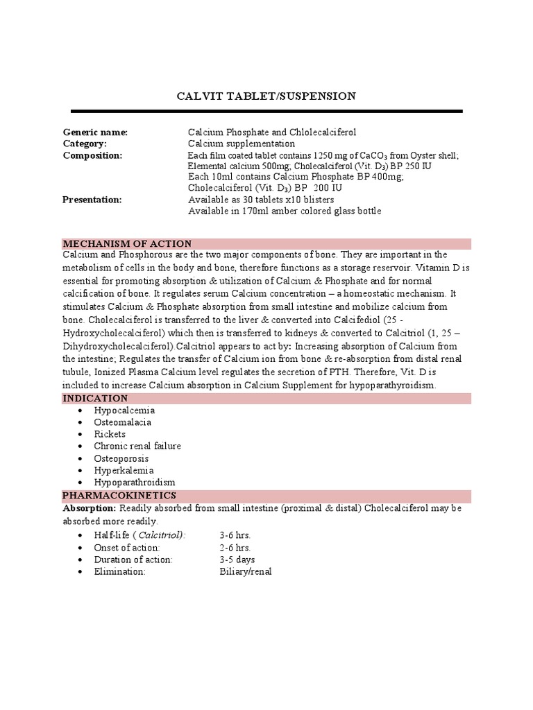 Calvit Tablet/Suspension: Generic Name: Category: Composition | PDF ...