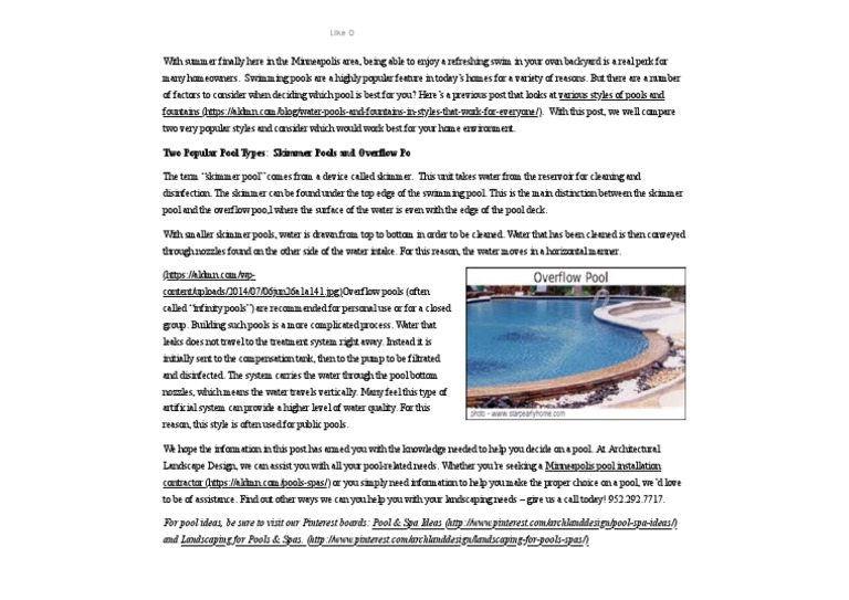 Skimmer vs. Overflow Pools Explained | PDF | Swimming Pool | Water