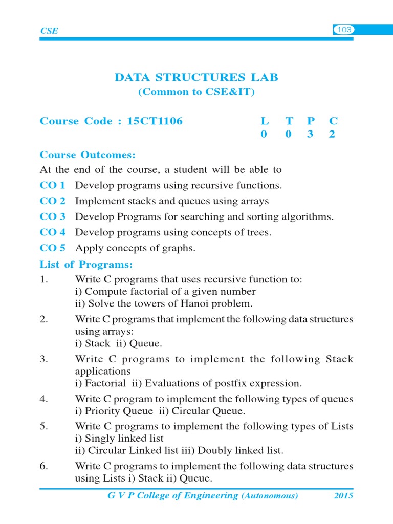 DATA STRUCTURES LAB Syllabus | Download Free PDF | Queue (Abstract Data ...