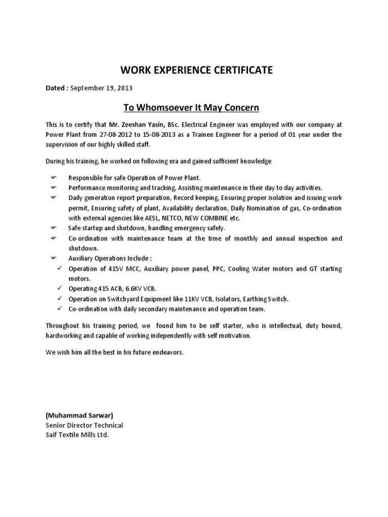 Work Experience Certificate | PDF | Electrical Wiring | Electric Power ...