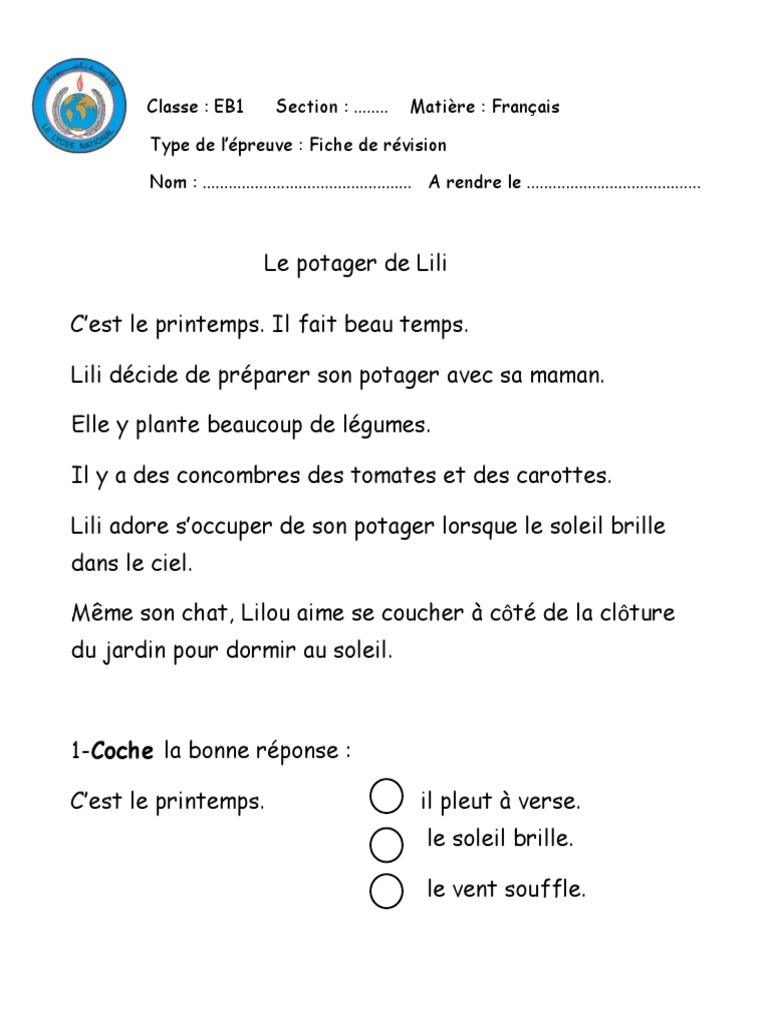 EB1-Exercices - De-Revision 2 PDF | PDF | Jardin potager | Plantes