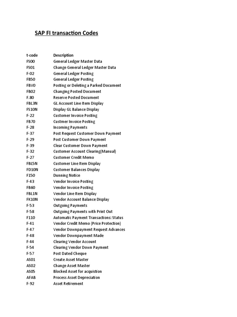 SAP FI Transaction Codes: T-Code Description | PDF | Finance & Money ...