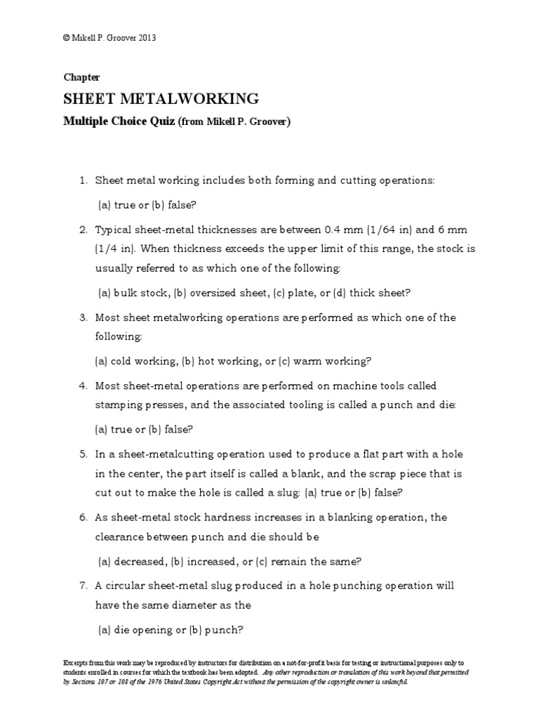 MCQ On Sheet Metal Operations | PDF | Sheet Metal | Strength Of Materials