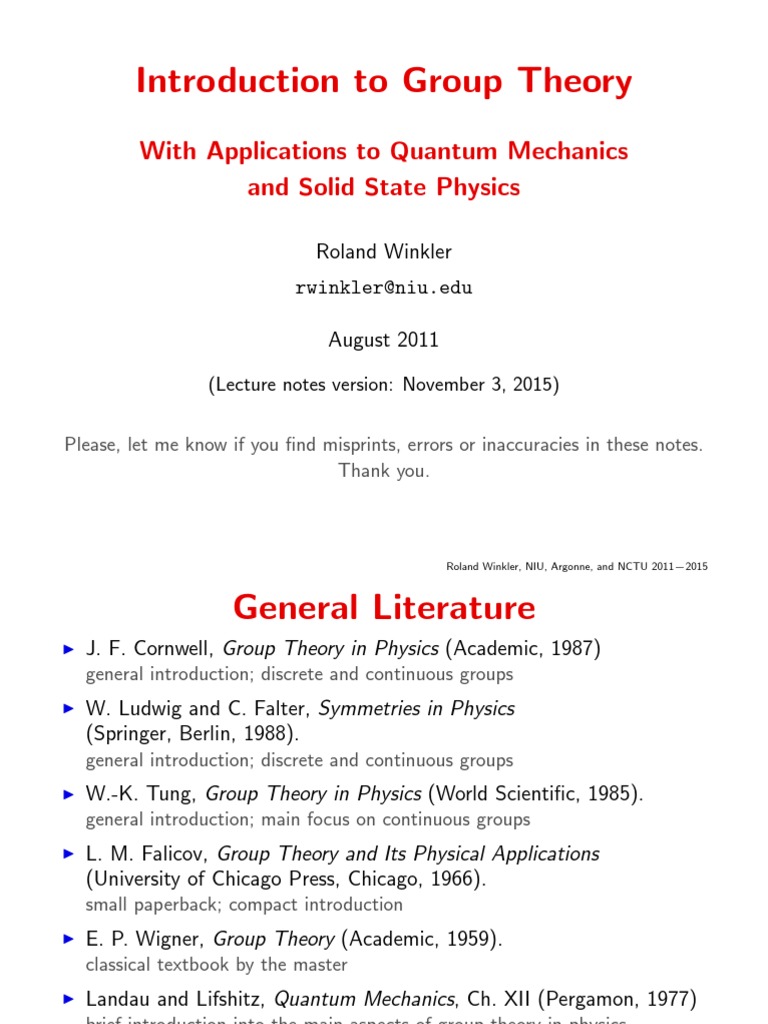 Introduction To Group Theory: With Applications To Quantum Mechanics ...