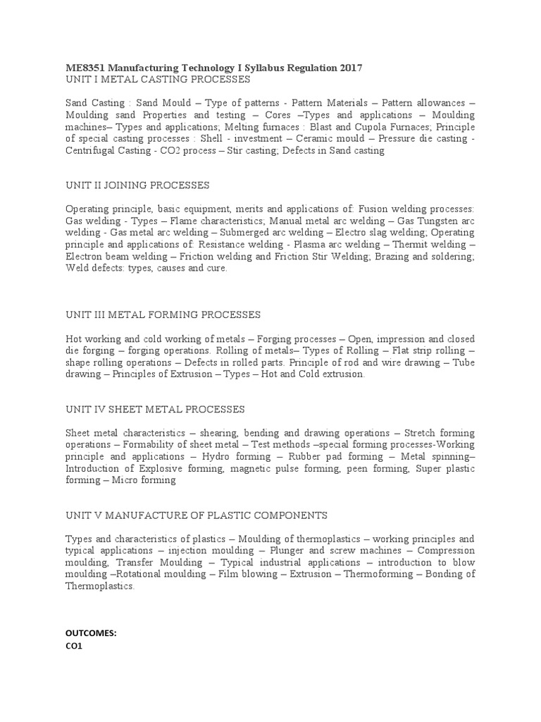 ME8351 Manufacturing Technology Syllabus | PDF | Welding | Construction