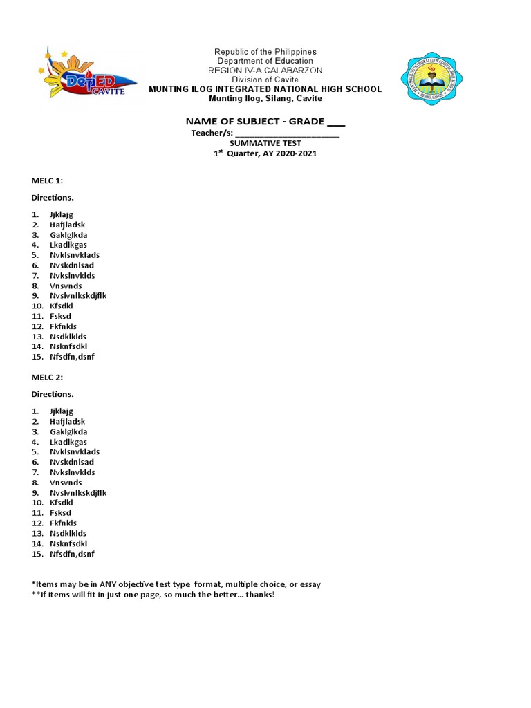 Name of Subject - Grade - : Teacher/s: - Summative Test 1 Quarter, AY ...