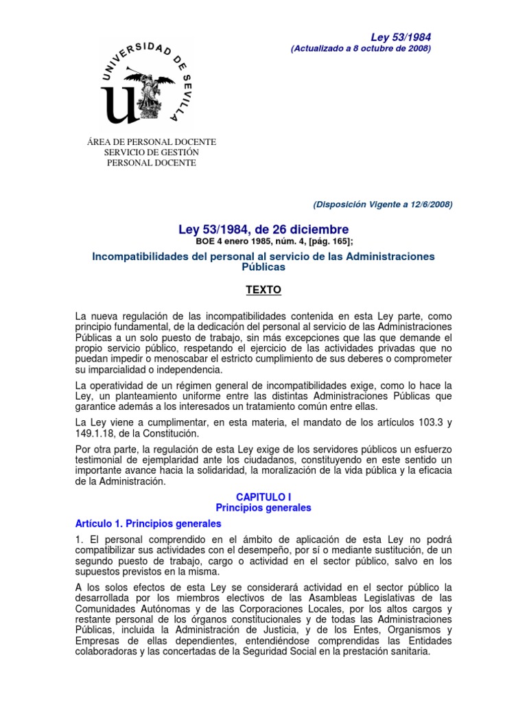 Ley 53/1984, de 26 diciembre: Incompatibilidades del personal al ...
