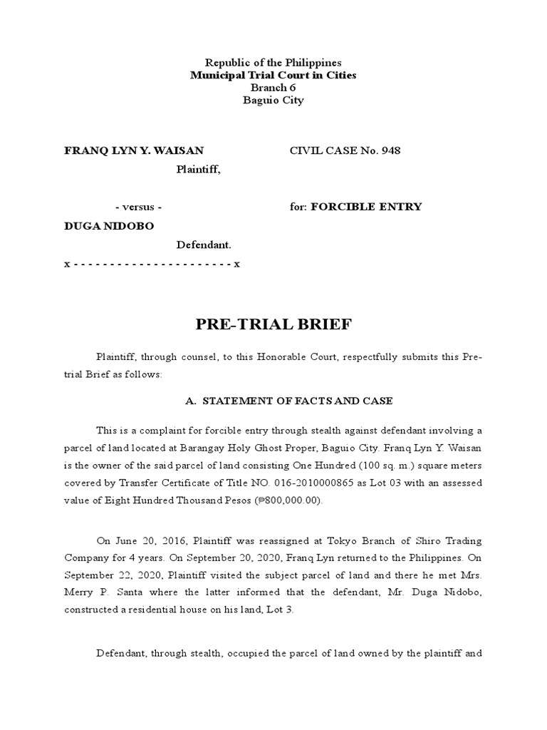 Pre-Trial Brief Sample | PDF | Discovery (Law) | Complaint