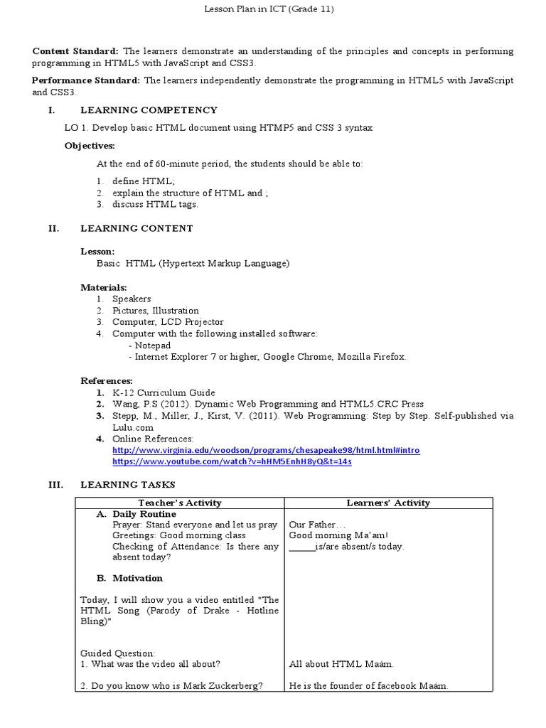 Lesson Plan HTML | PDF | Html | Html Element