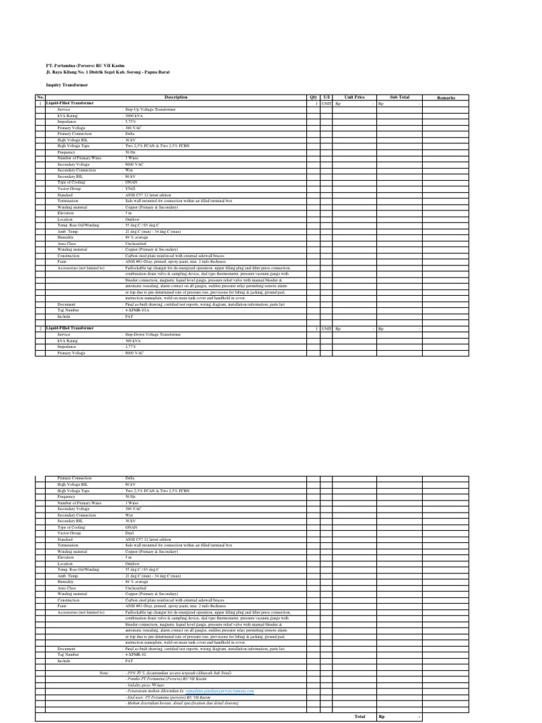 Form Inq Trafo Pertamina RU VII | Download Free PDF | Transformer ...