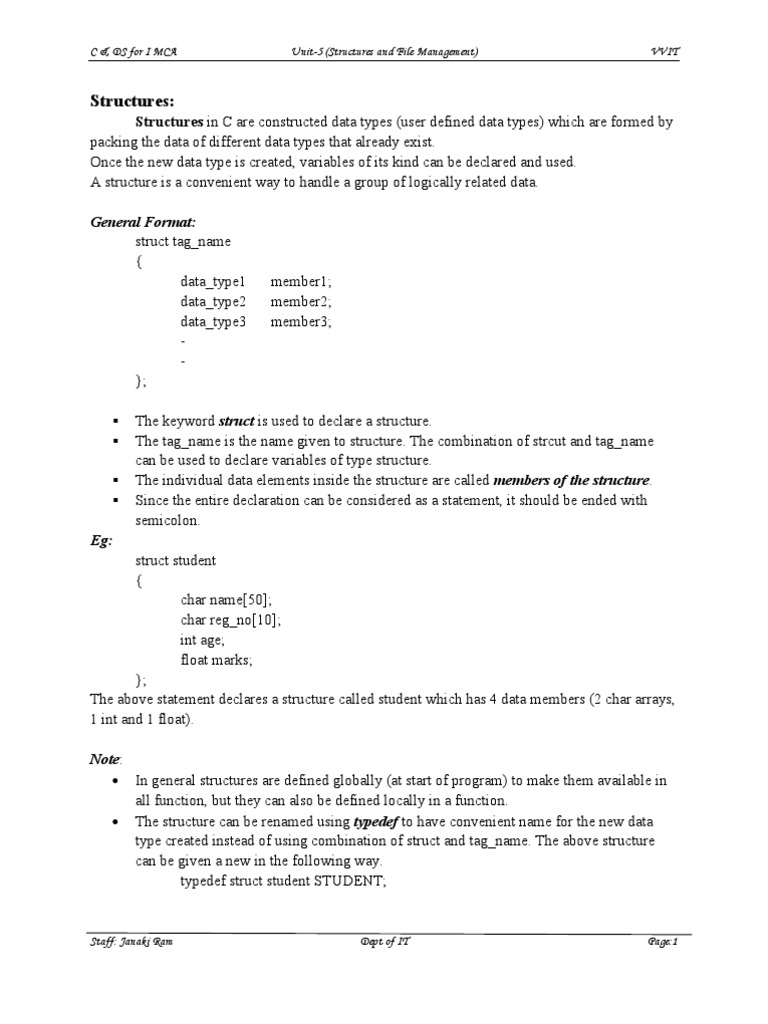 Structures:: C&Dsforimca Unit-5 (Structures and File Management) Vvit ... Structures:: C&Dsforimca Unit-5 (Structures and File Management) Vvit ...