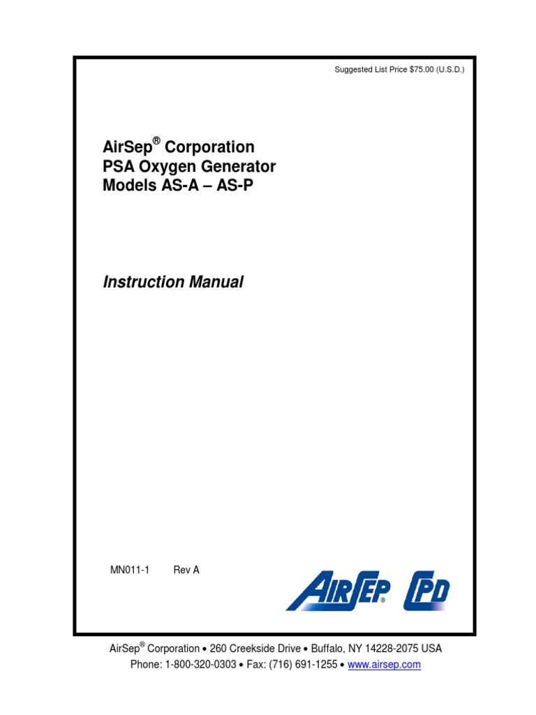 Airsep Corporation Psa Oxygen Generator Models As-A - As-P: Instruction ...