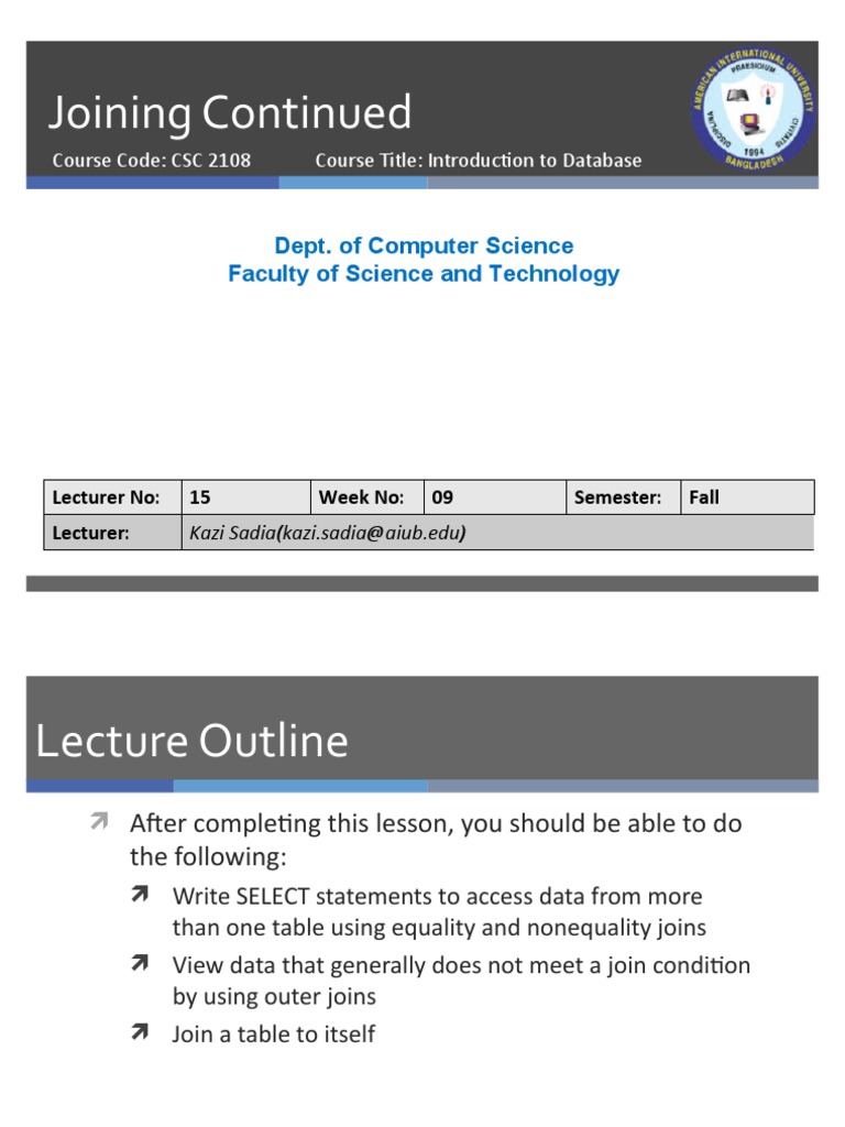 Joining Continued: Dept. of Computer Science Faculty of Science and ...