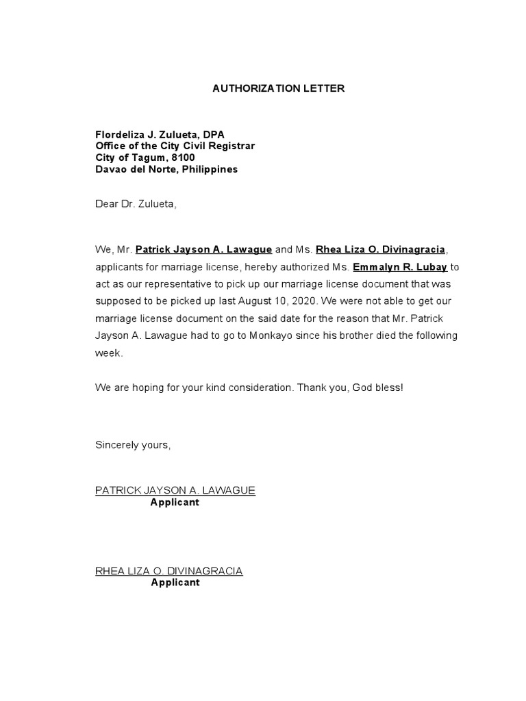 Authorization Letter - City Civil Registrar | PDF