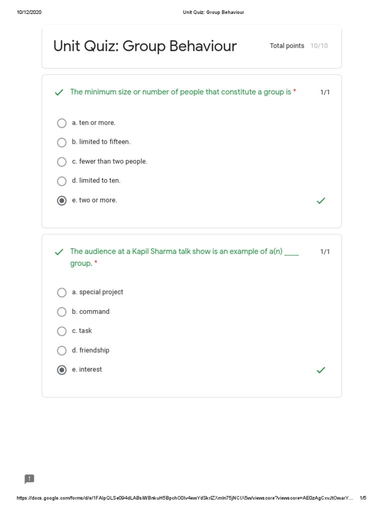 BIO - Unit Quiz - Group Behaviour | PDF | Group Cohesiveness | Behavior