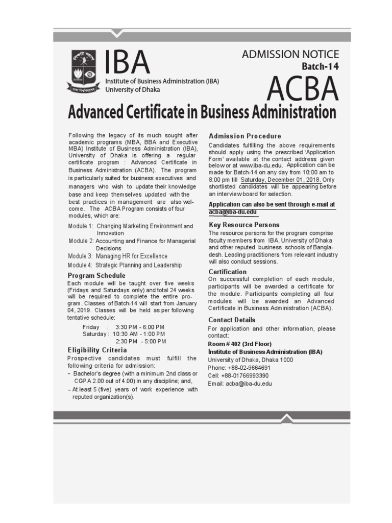 ACBA Batch-14 Advertisement | PDF | Master Of Business Administration ...