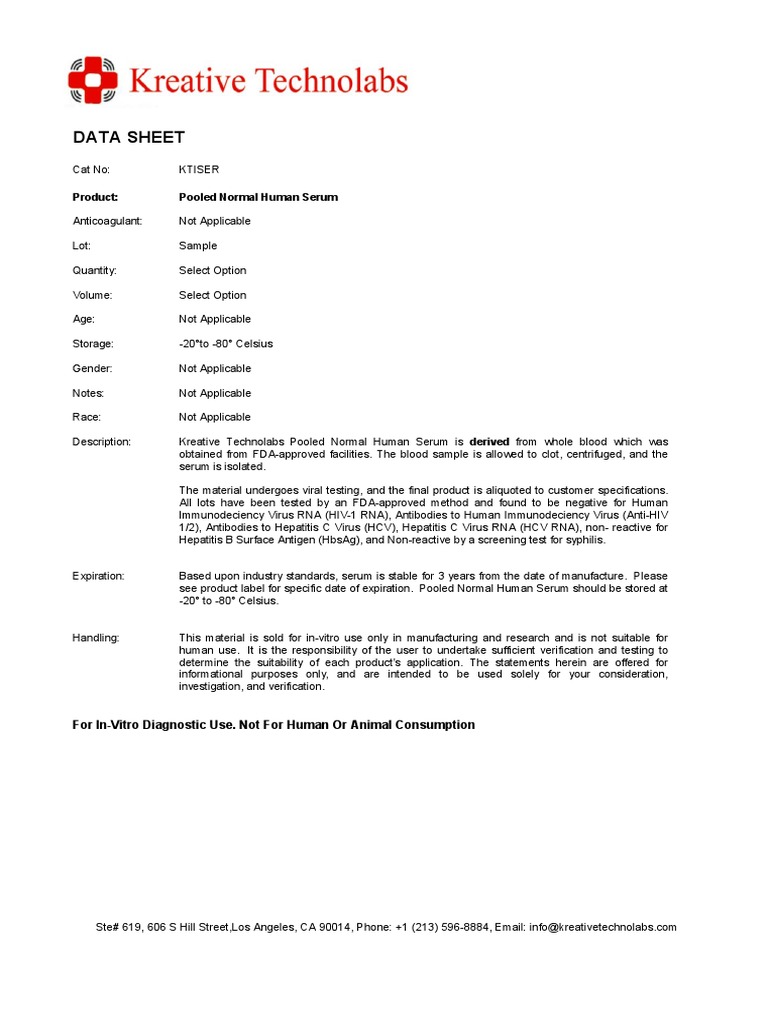 Data Sheet: Product: Pooled Normal Human Serum | PDF