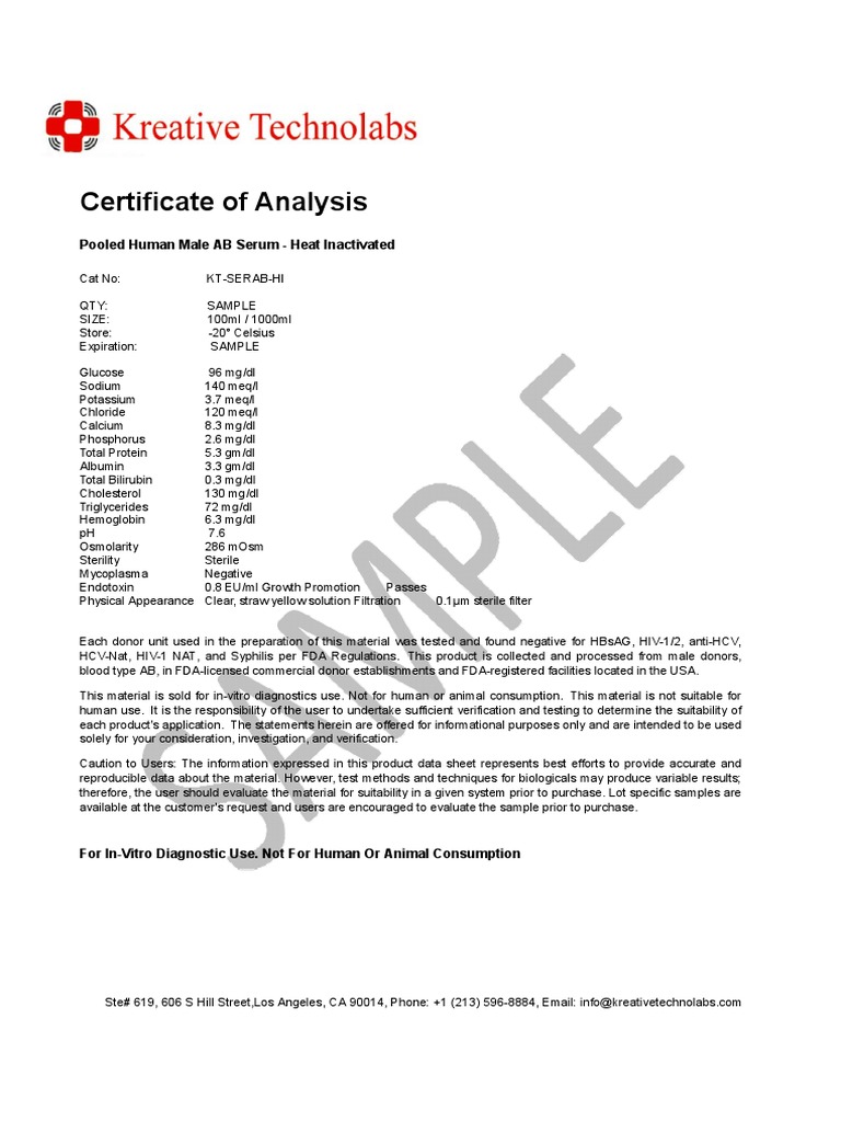 Certificate of Analysis: Pooled Human Male AB Serum - Heat Inactivated ...