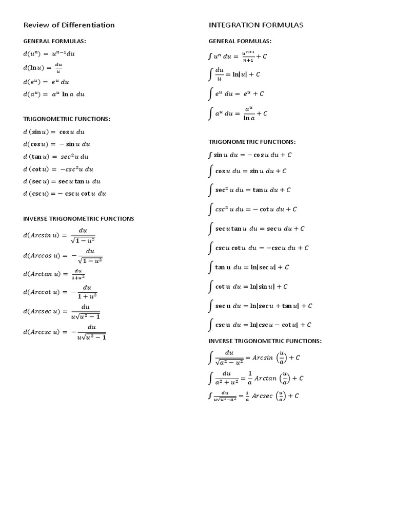Review of Differentiation Integration Formulas | PDF | Trigonometric ...
