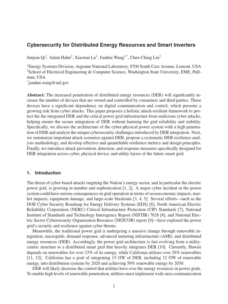 Cybersecurity For Distributed Energy Resources and Smart Inverters ...