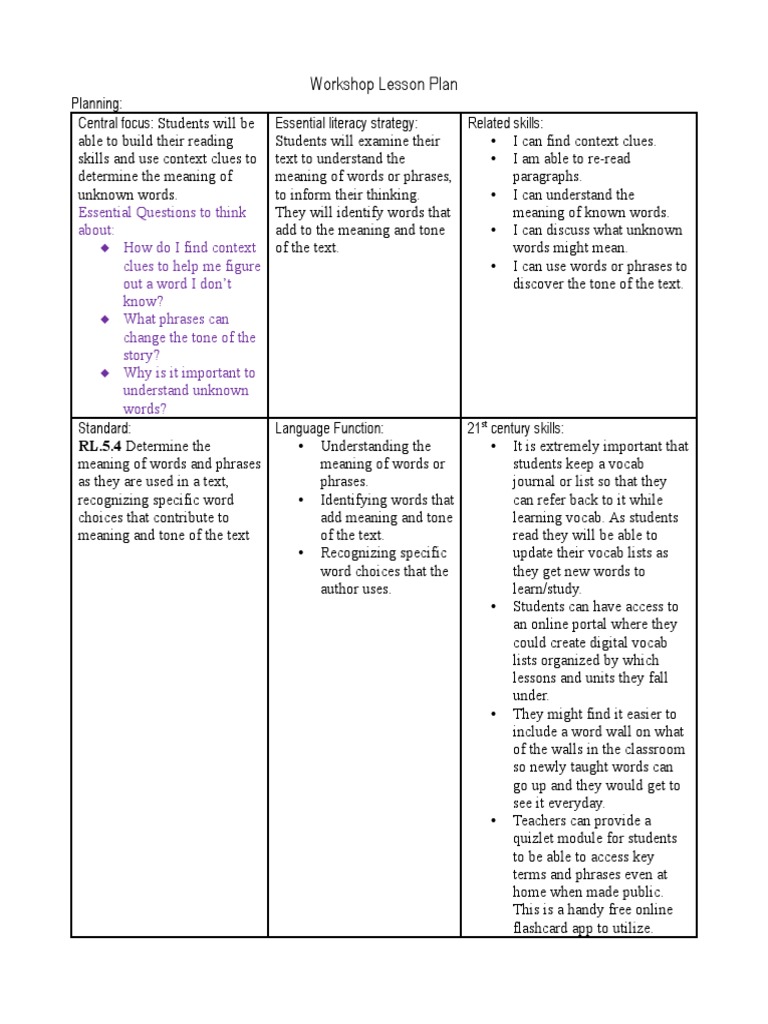 Vocab Workshop Lesson Plan-1 | PDF | Vocabulary | Syntax