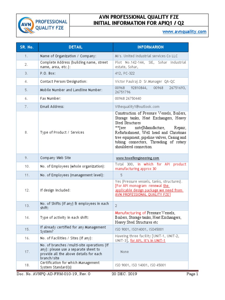 Questionnaire-API-Q1-Q2 - 2020 AVN Quality UAE | PDF | Mechanical ... Questionnaire-API-Q1-Q2 - 2020 AVN Quality UAE | PDF | Mechanical ...