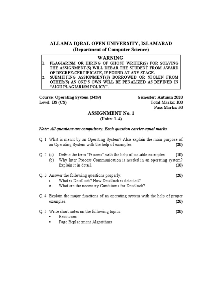 AIOU Operating Systems Course: Assignment Guidelines and Topics Warning Students About ...