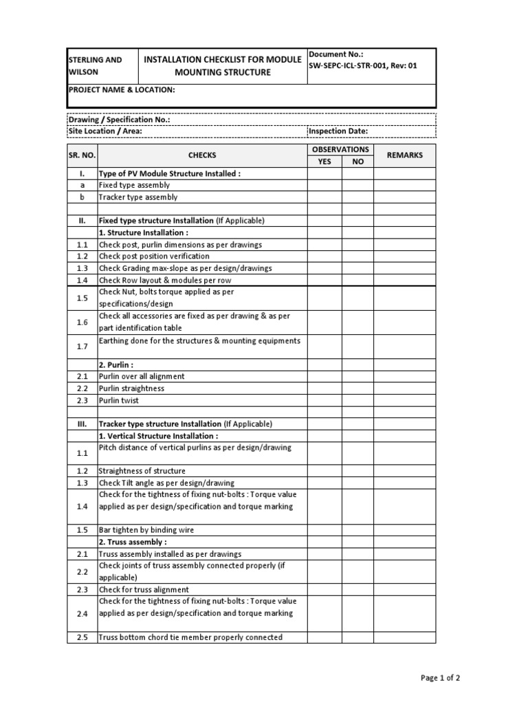 Module Mounting Structure Checklist | PDF | Truss | Mechanical Engineering
