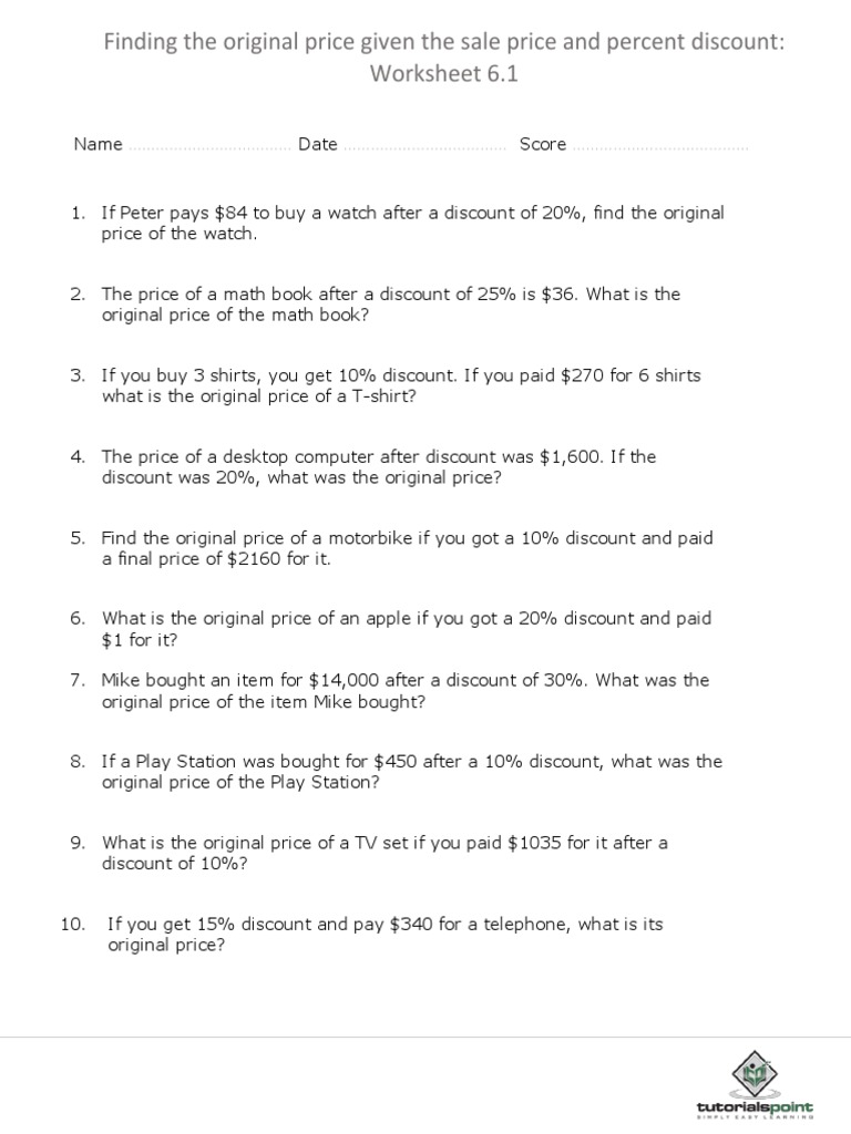 Finding Original Price Given Sale Price and Percent Discount Worksheets6 1 PDF | PDF