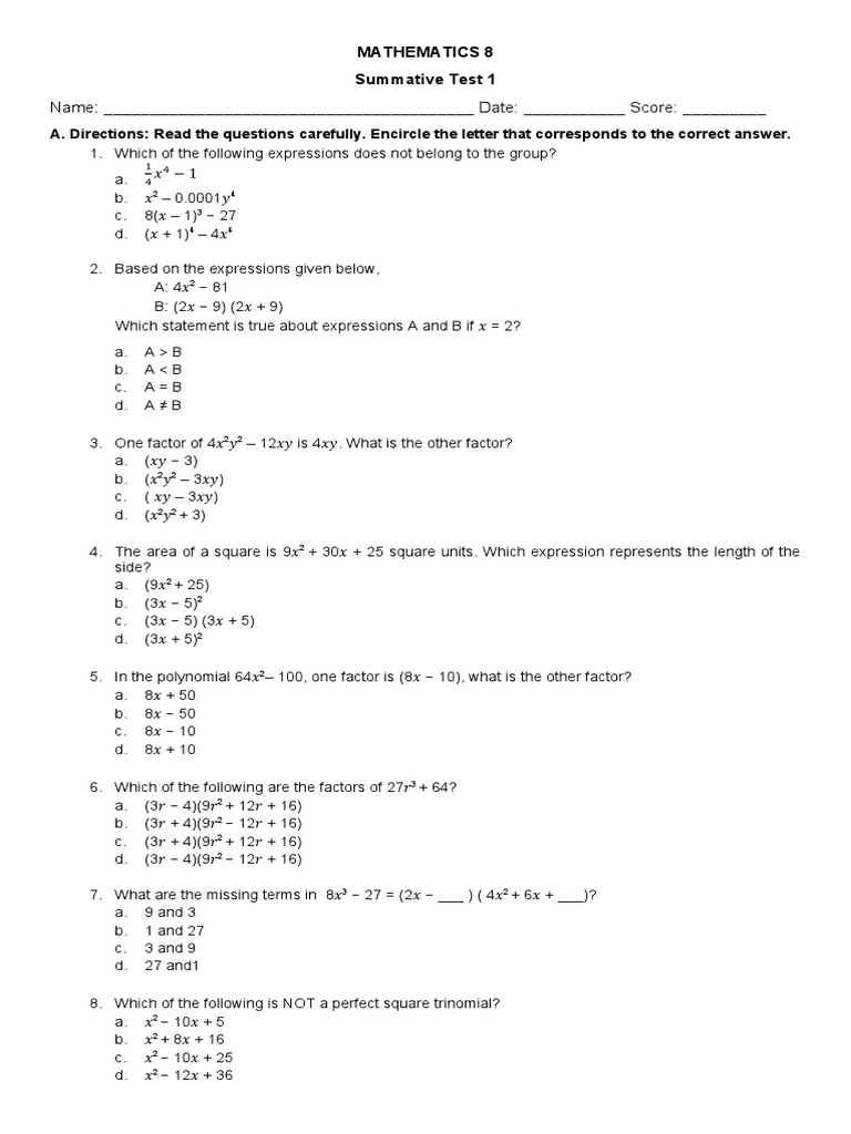 Summative Test in Math 8 1st Quarter | PDF | Cartesian Coordinate ...
